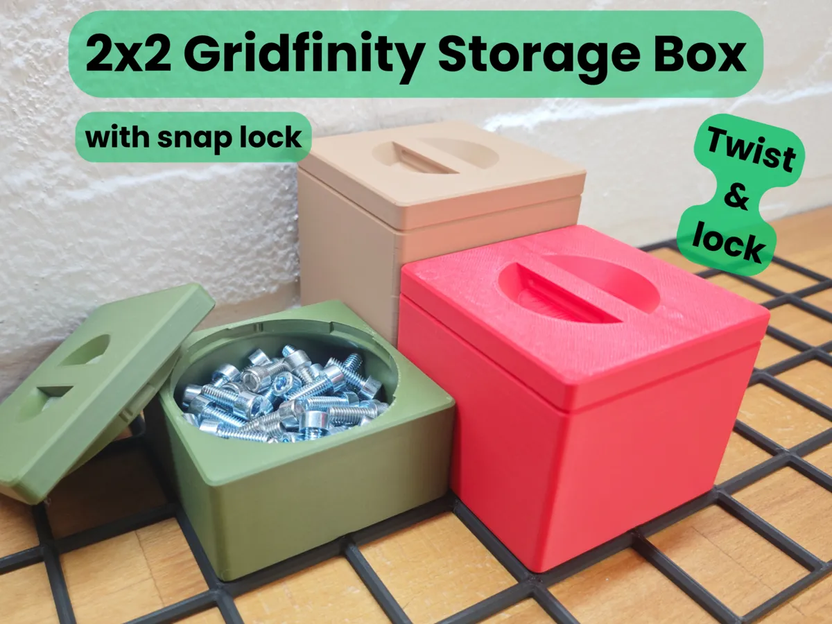 Gridfinity Box with handle and twist snap lid 2x2 - Free 3D Print Model ...