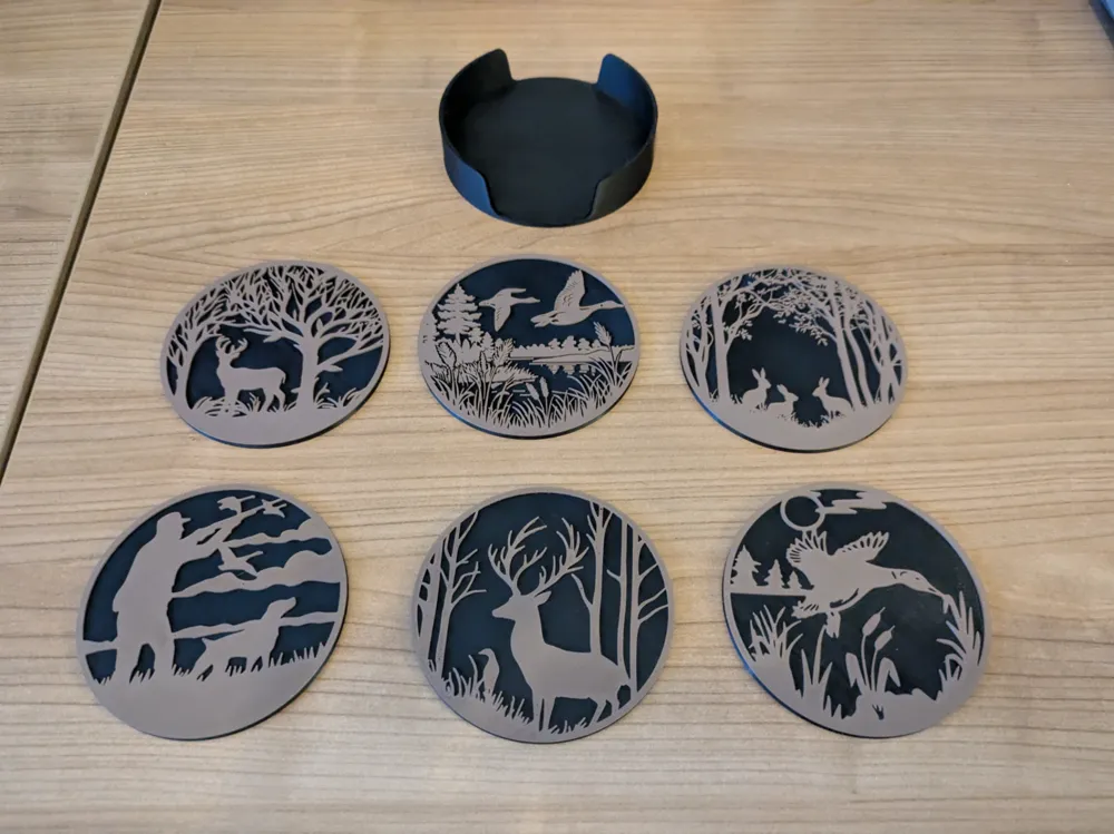Hunting wildlife coaster set - 6 pieces - Free 3D Print Model - MakerWorld