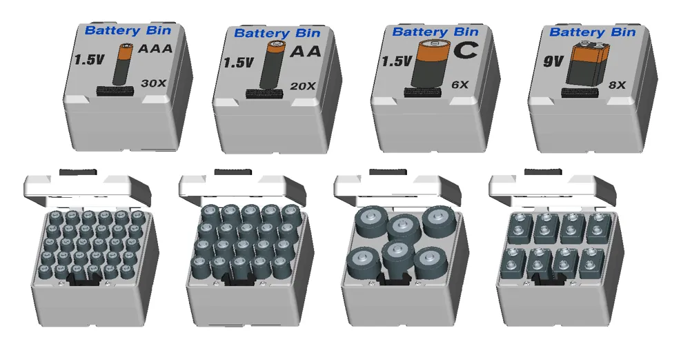Battery Storage Bin with Latched Lid (+Gridfinity) by speeedydanMakerWorld: Download Free 3D Models