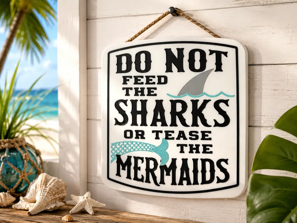 Funny Beach Sign | Sharks & Mermaids - Free 3D Print Model - MakerWorld