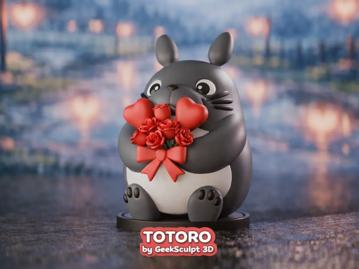 Totoro Valentine's Day Figurine with Heart Bouquet - Free 3D Print ...