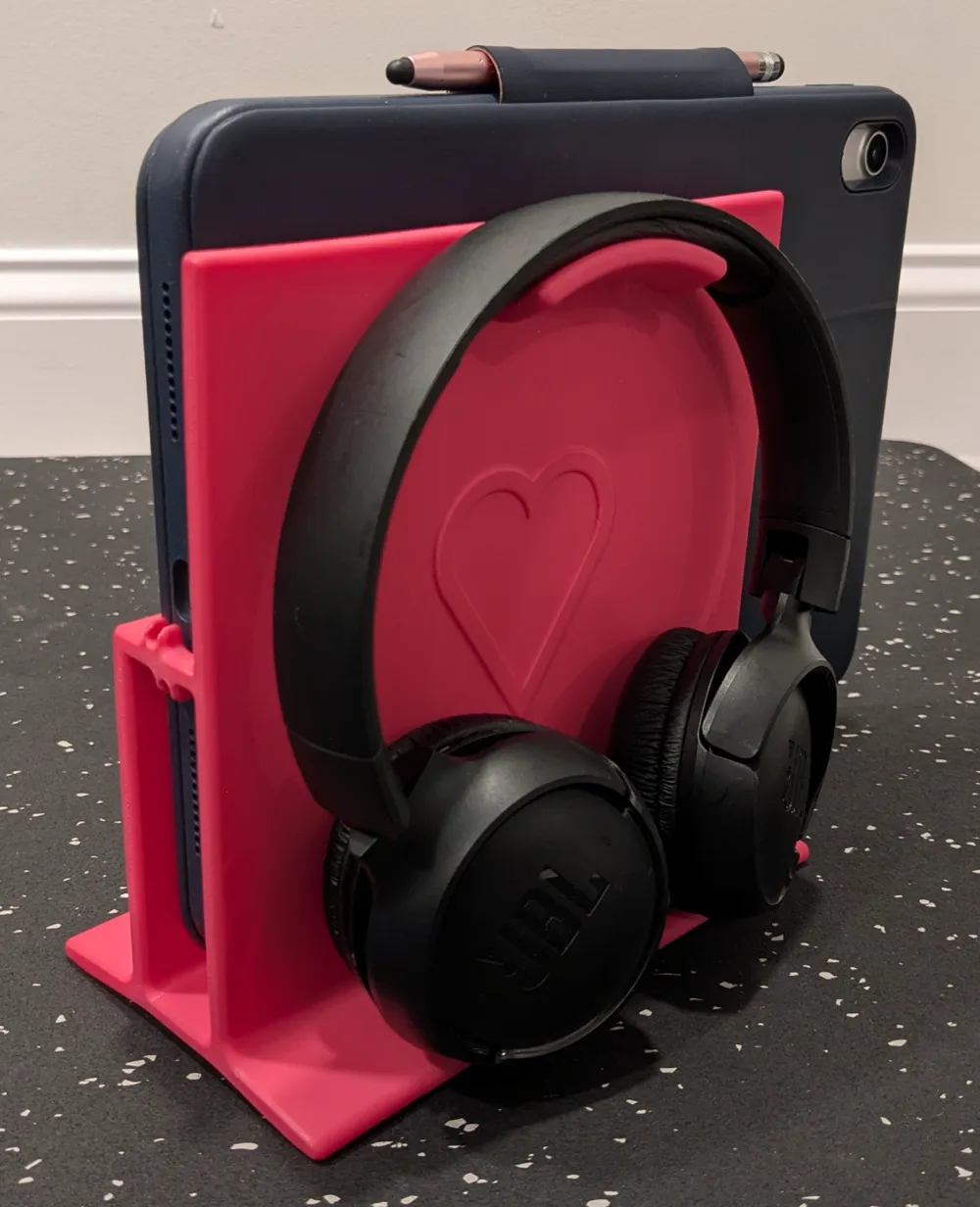Tablet and headphone stand with cable holders by ricky_dehner - MakerWorld