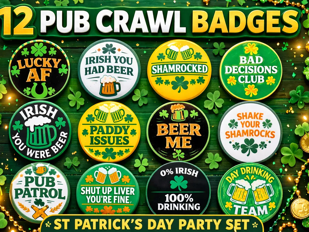 12 St Patrick’s Day Pub Crawl Party Badge Pins - Free 3D Print Model ...