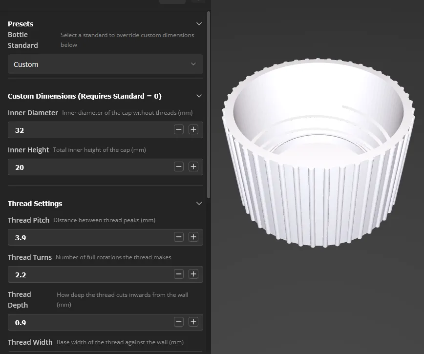 Parametric Screw Cap (Bottle Caps Generator) - Free 3D Print Model ...