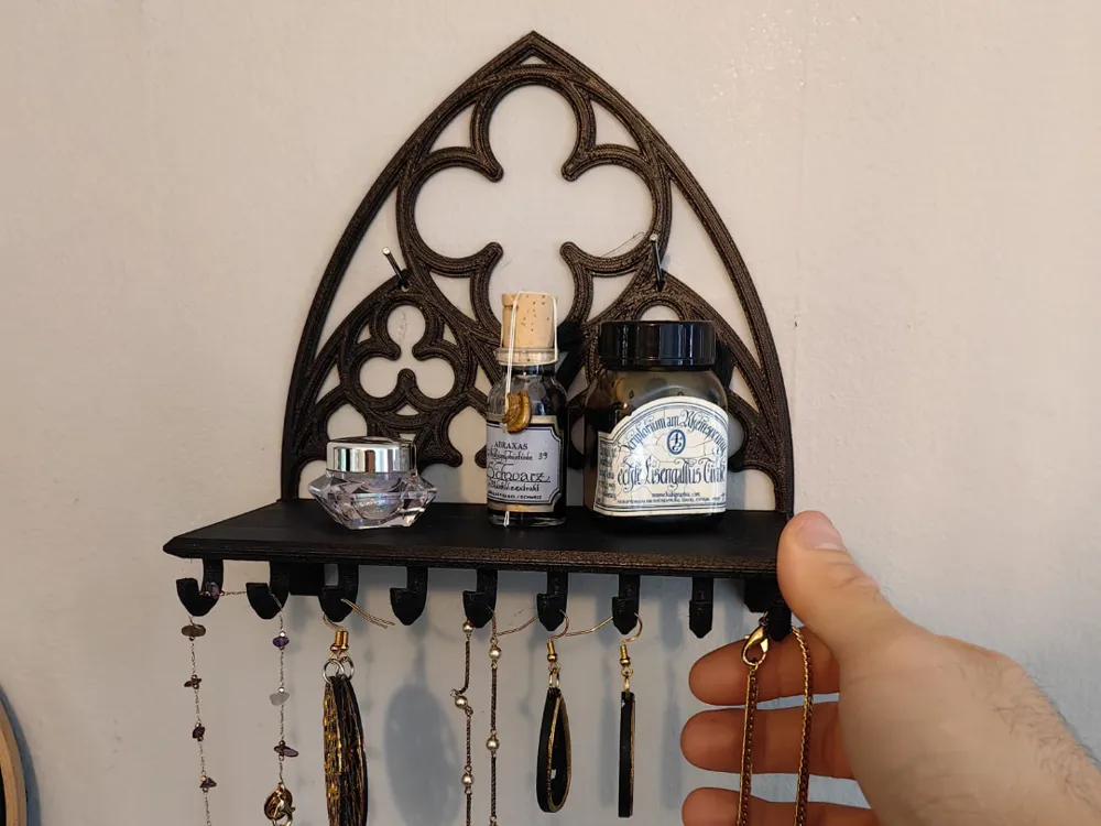 Gothic Arch Window Shelf with Hooks - Free 3D Print Model - MakerWorld