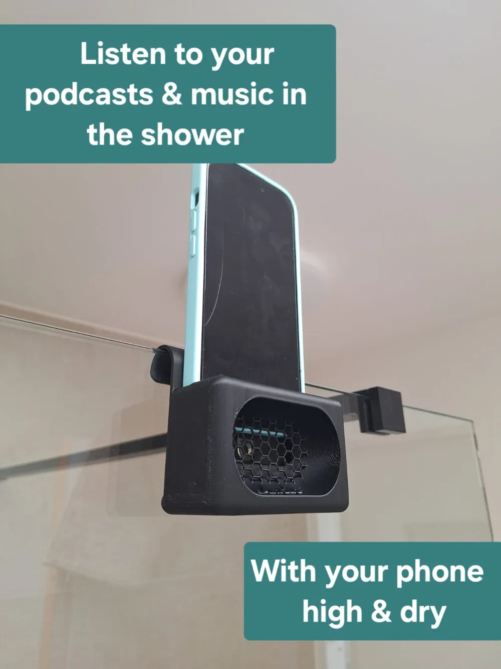 v2 - Shower Phone Amplifier w/ Glass Hook - Amp'up - Free 3D Print ...