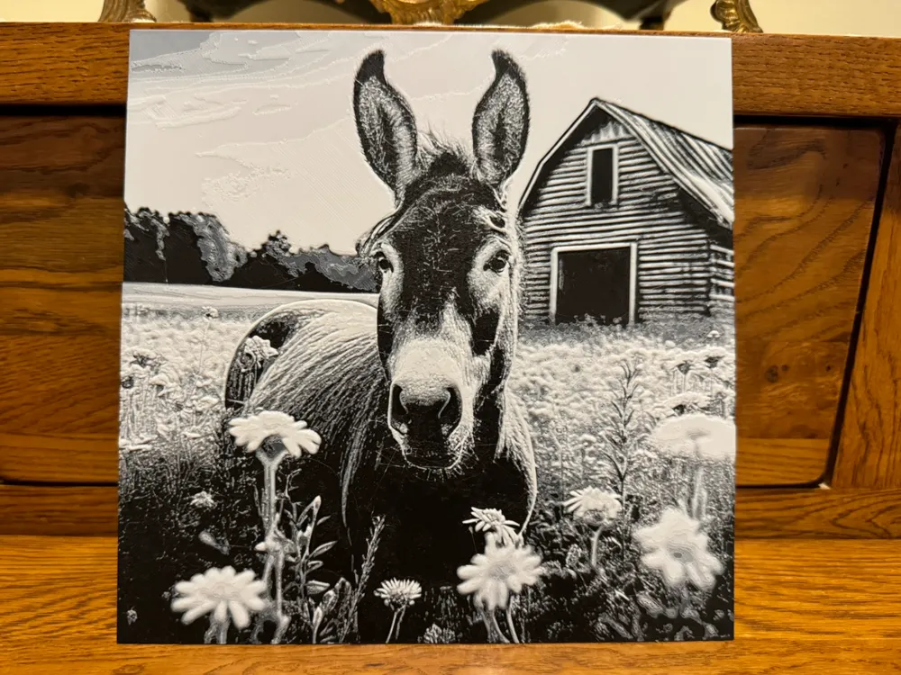Donkey in Pasture with Barn - Hueforge by Dogwood Cove Designs - MakerWorld