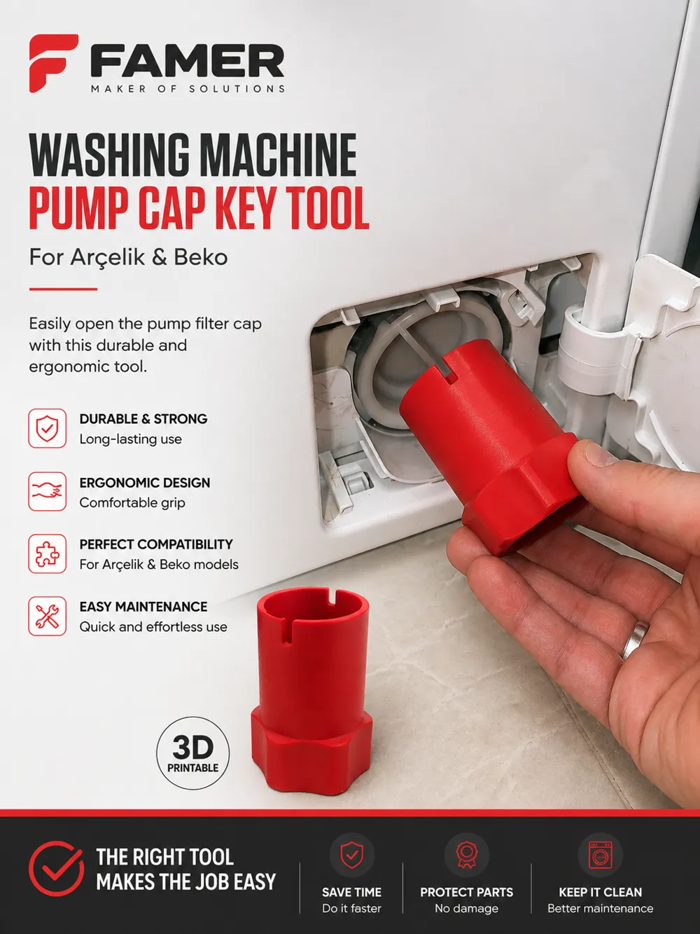 Arçelik Beko Washing Machine Pump Cap Key Tool - Free 3D Print Model ...