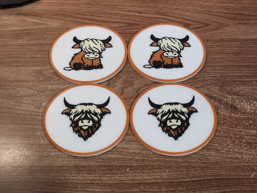 Faster Print - Highland Cow Coasters - Free 3D Print Model - MakerWorld