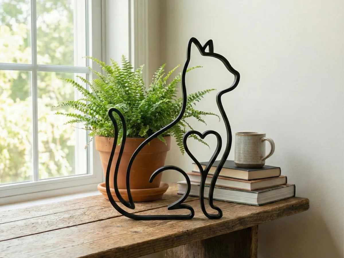 Minimalist Cat Silhouette with Heart - Line Art - Free 3D Print Model ...