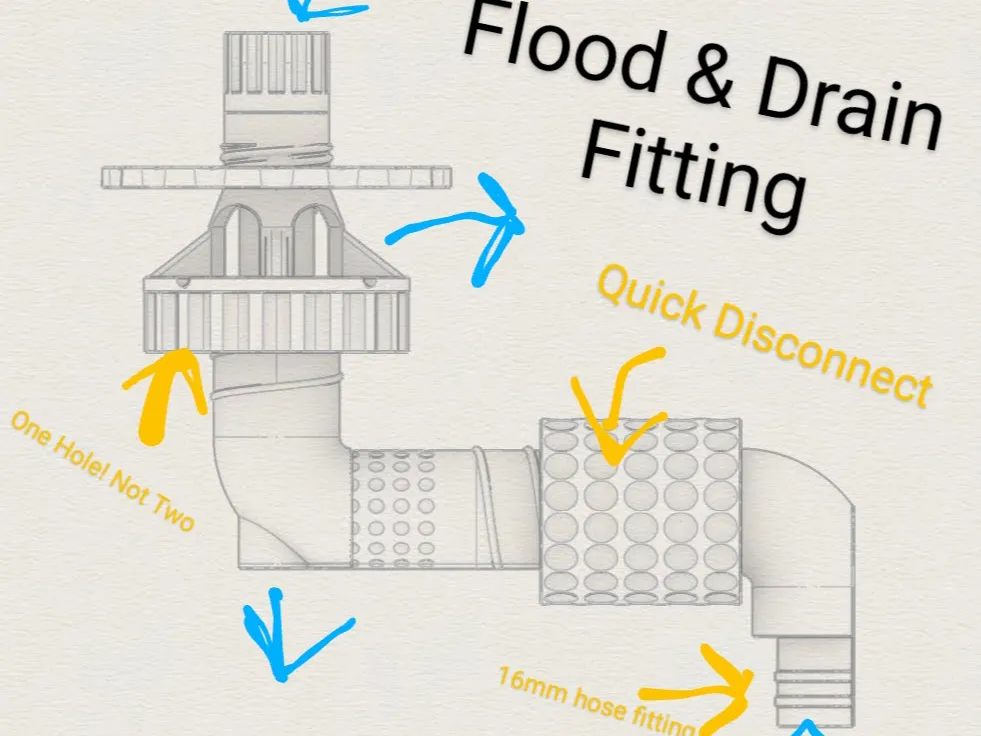 Flood and Drain Fitting with Quick Disconnects by NuggetsInc - MakerWorld