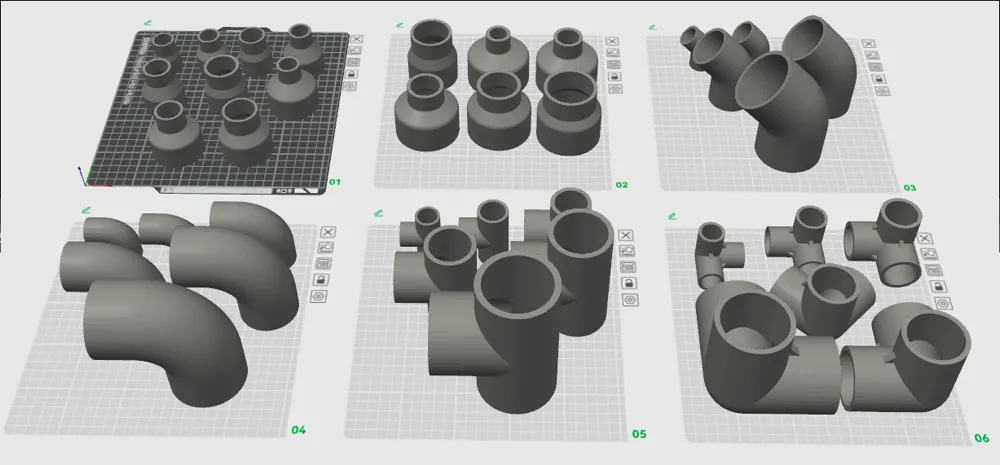 PVC pipe fitting collection (reducing connector, 45° elbow, right-angle ...