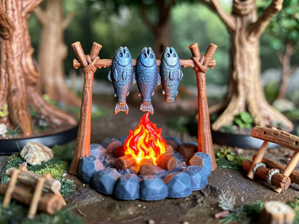Campfire with Fish Rack - DND terrain - Free 3D Print Model - MakerWorld