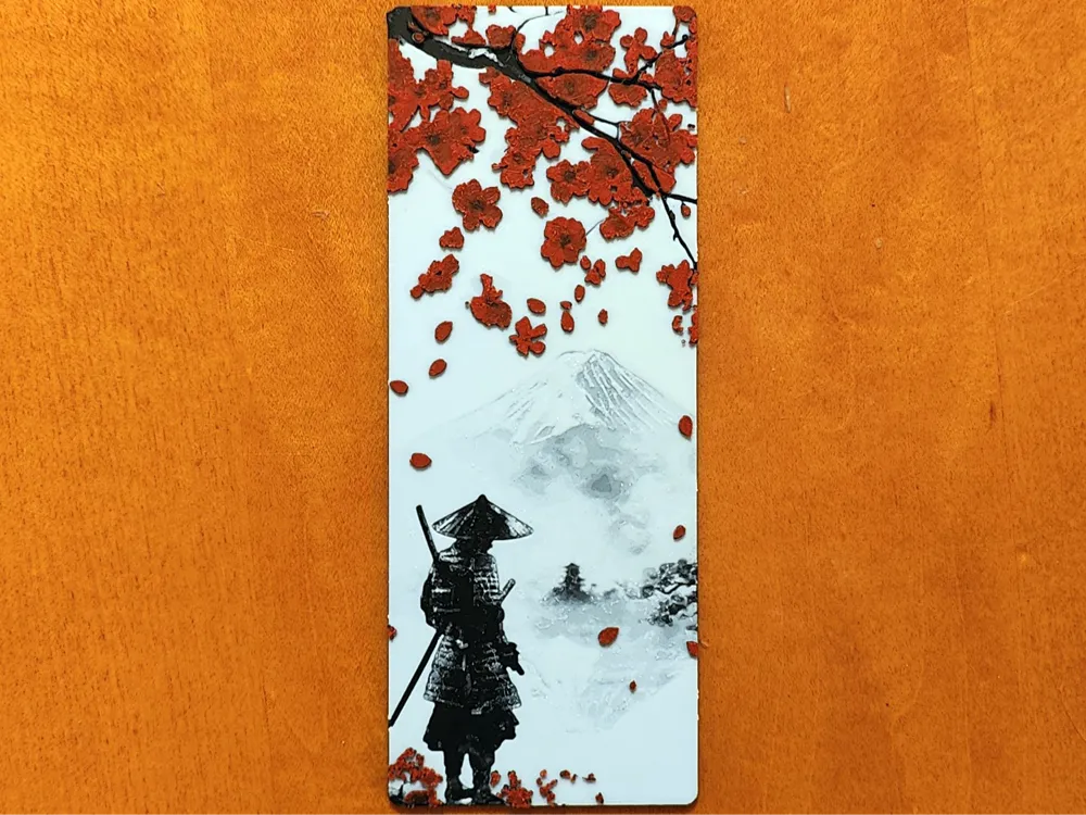 Samurai and Cherry Blossom Bookmark - Hueforge by Sarge MakerWorld: Download Free 3D Models